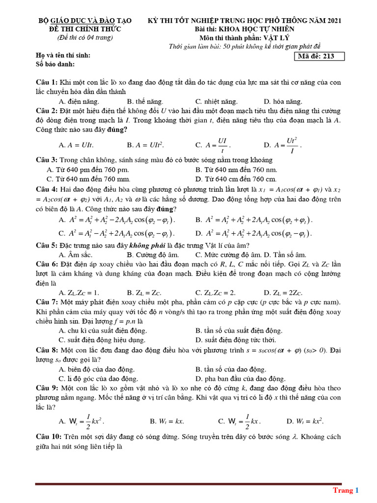 Thuvienhoclieu.com de Thi Tot Nghiep THPT 2021 Mon Vat Li Lan 1 Ma de 213 | PDF