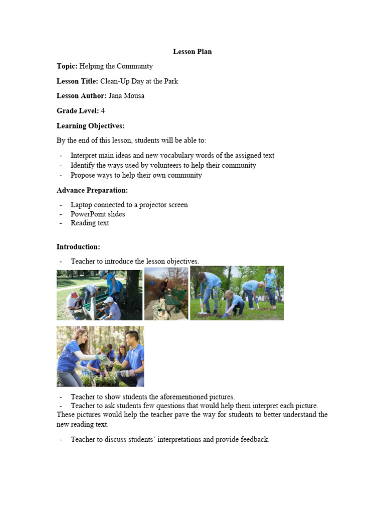 Community Clean-Up Lesson Plan | PDF | Lesson Plan | Pedagogy