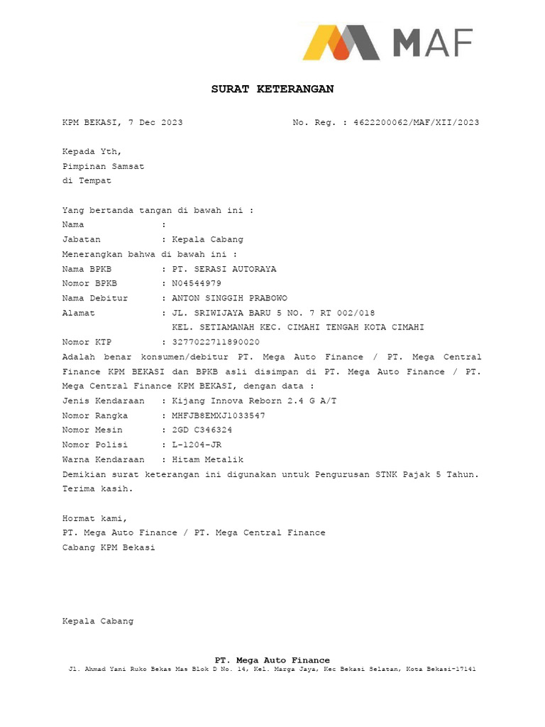 Surat Keterangan Leasing Mega L-1204-Jr | PDF