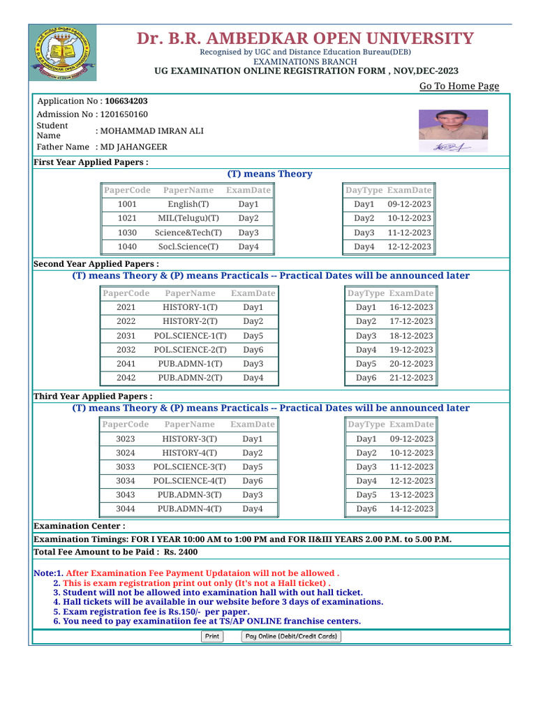 BRAOU Examination Registration | PDF | Payments | Banking Technology