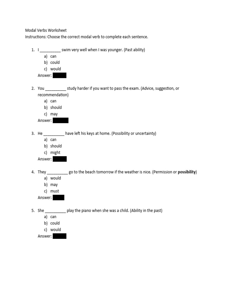 Modal Verbs Practice Worksheet | PDF | Linguistics | Semantic Units