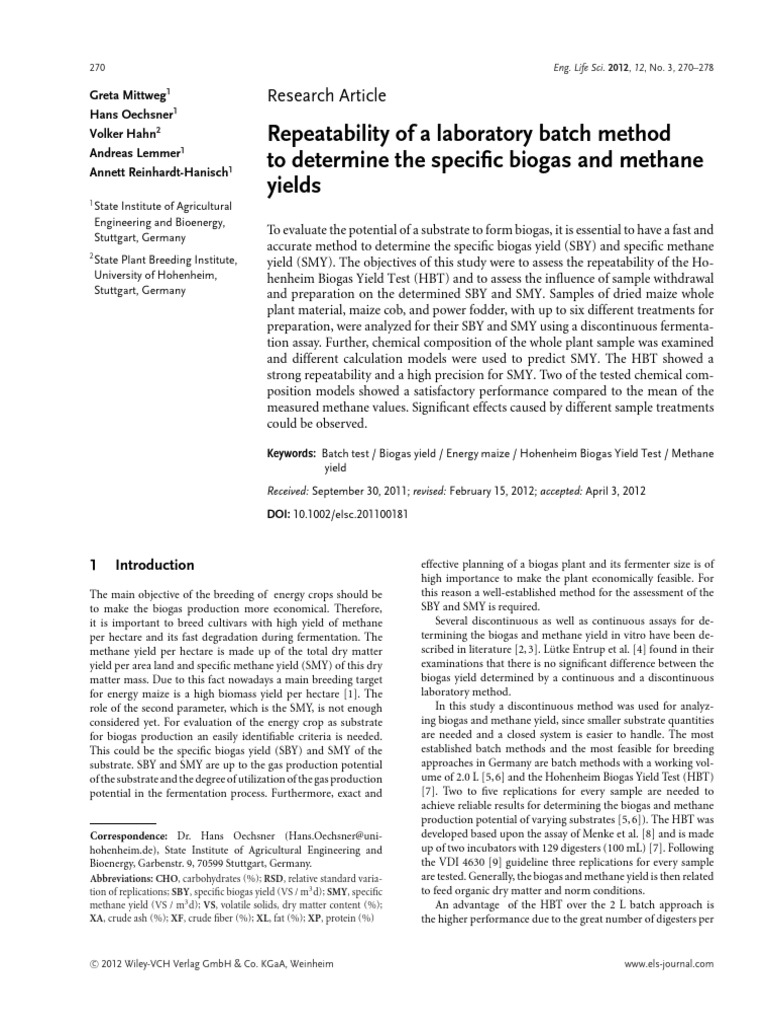 Engineering in Life Sciences - 2012 - Mittweg - Repeatability of A Laboratory Batch Method To ...