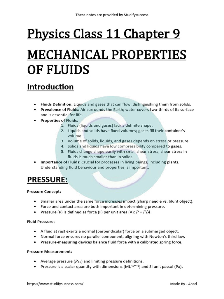 Class 11 Physics ch-9 Notes | PDF | Pressure | Fluid Dynamics