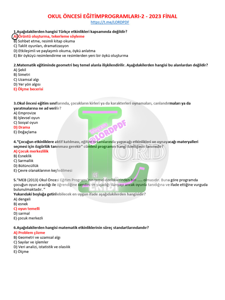 Okul Öncesi Eğitim Programları II 2023 Final Lord | PDF