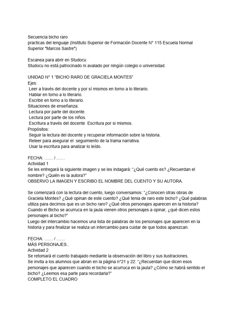 Secuencia 3 y 4 Bicho Raro | PDF | Cuentos | Lingüística