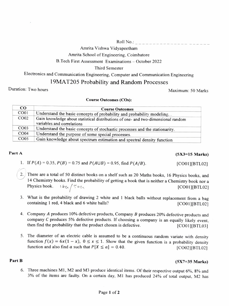 P1 Qpaper | PDF | Probability Distribution | Probability Density Function
