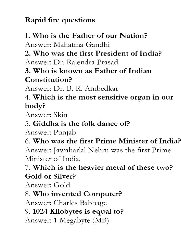 Rapid Fire Questions | PDF