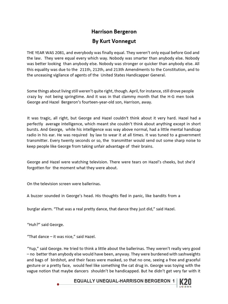 Harrison Bergeron Short Story Equally Unequal | PDF