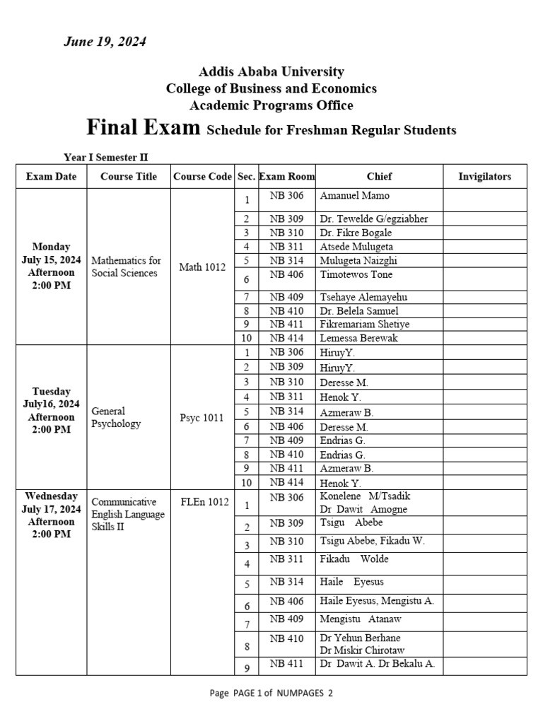 Final Exam Schedule For Year I Semester II Regular Students | PDF | Science