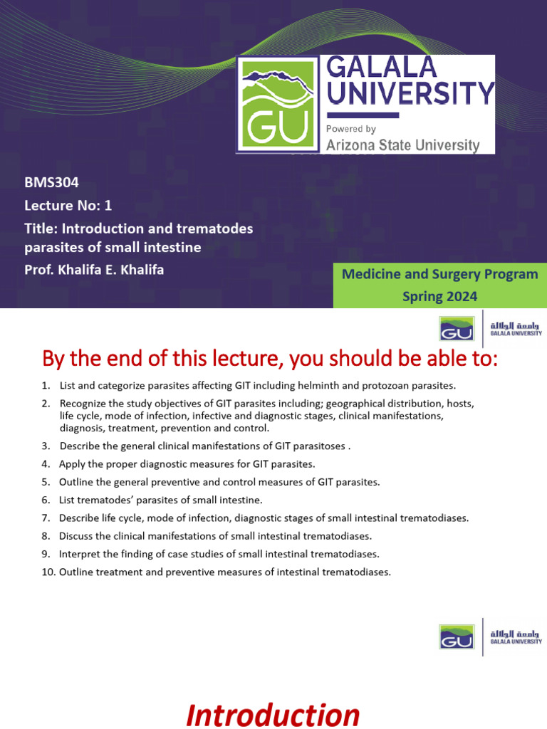 Lec 1. GIT Parasitol Introduction Trematodes of SI | PDF | Clinical Medicine | Medical Specialties
