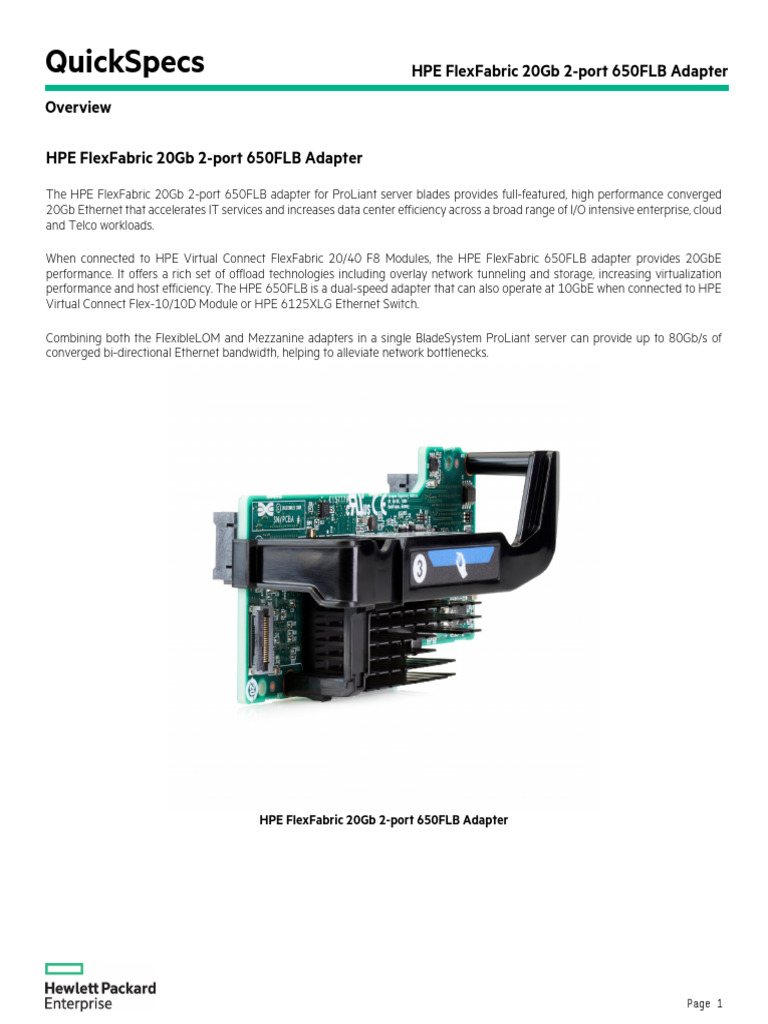 HPE FlexFabric 20Gb 2-Port 650FLB Adapter-C04347341 | PDF | Computer ...