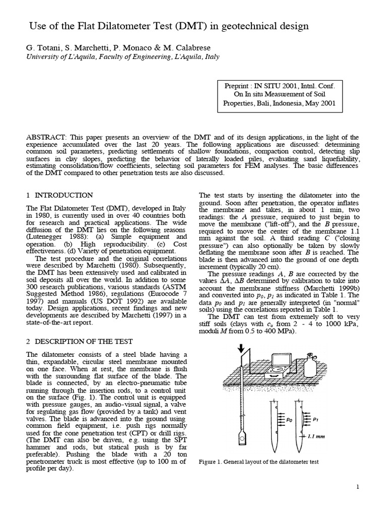 Totani - Use of The Flat Dilatometer Test (DMT) in Geotechnical Design ...
