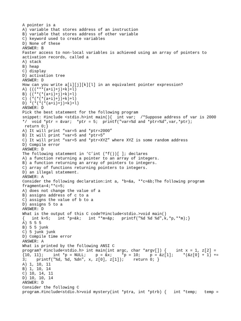 Questions-Fundamentals of Data Structures-Pointers-MCQ-Set 2-20240624-0010 | PDF | Pointer ...