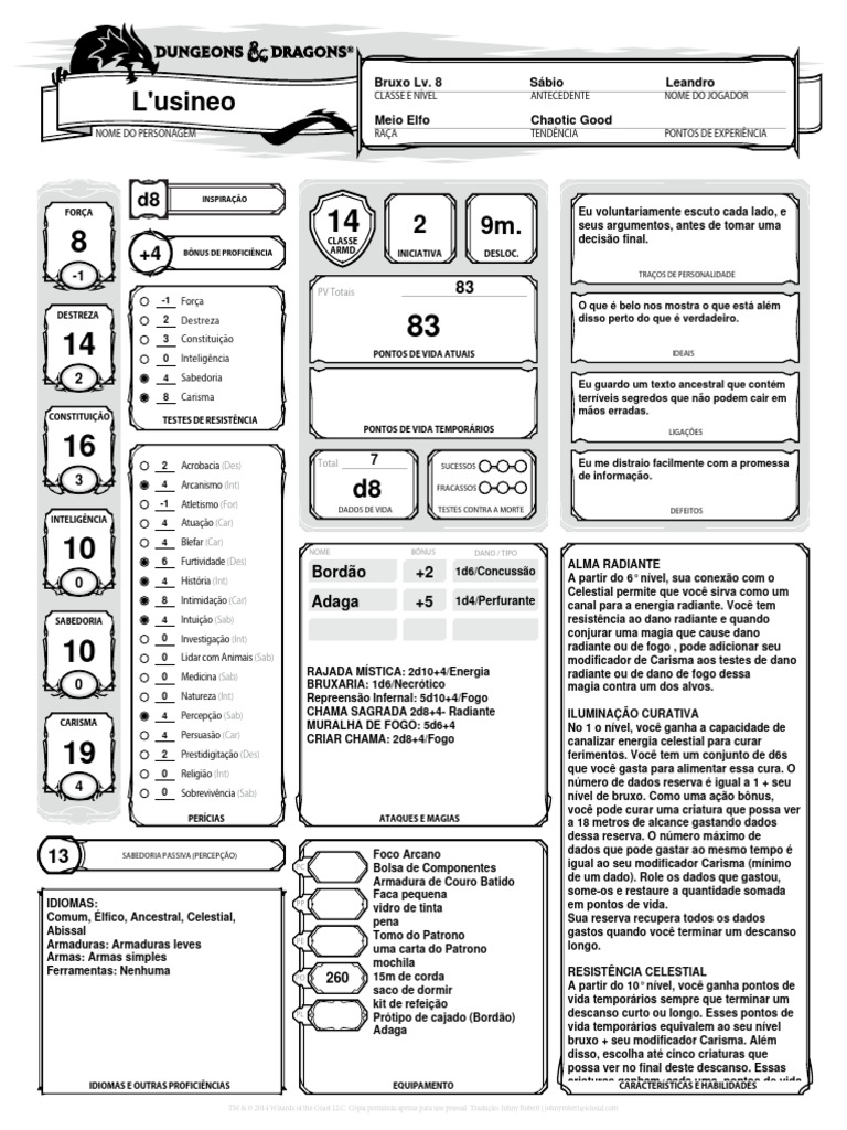 Ficha Do L'sunieo Celestial D&D 5E | PDF