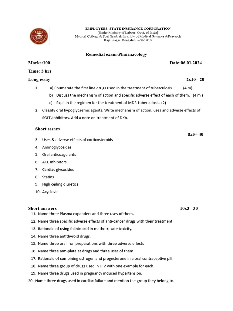 Remedial Exam Question Paper | PDF | Adverse Effect | Anemia