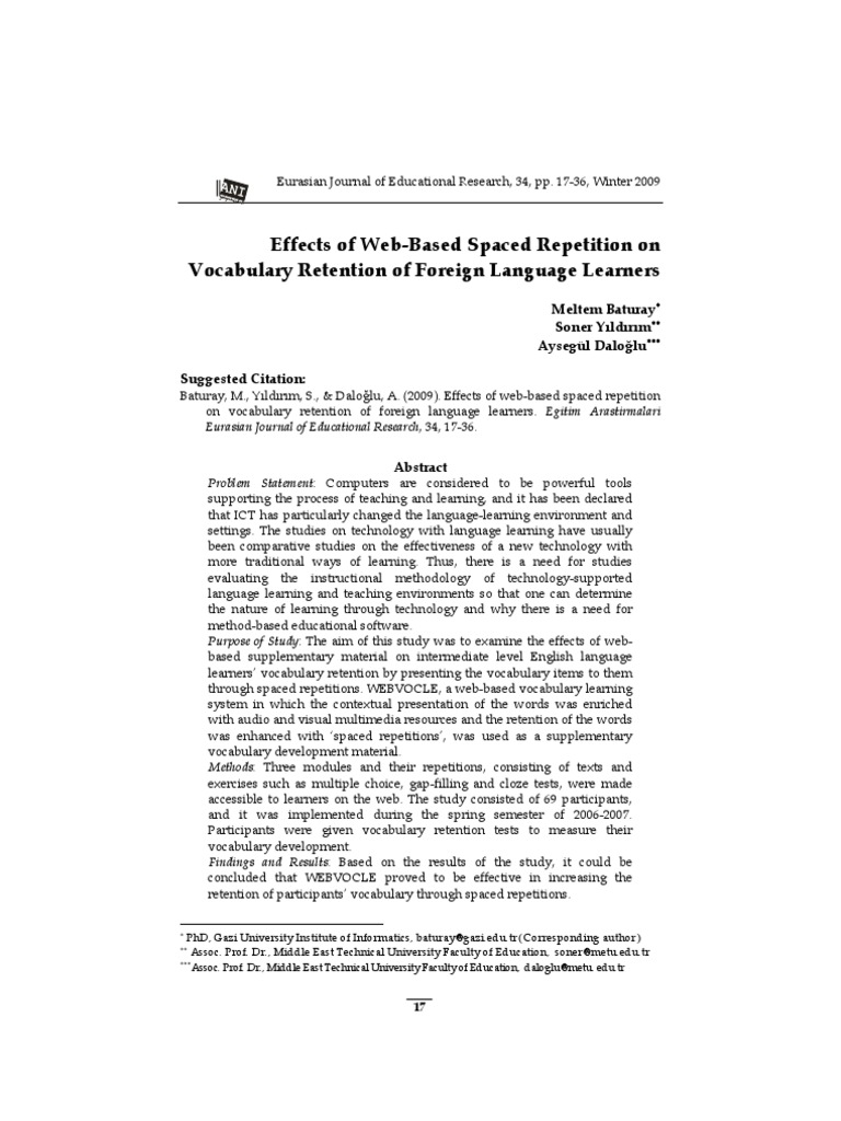 Effects of Web-Based Spaced Repetition On Vocabulary Retention of ...
