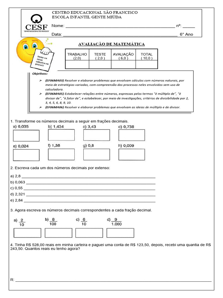Avaliação De Matemática 2º B Download Grátis Pdf Números Divisão