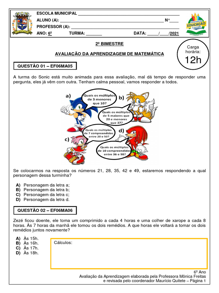 Avaliação 02 Matemática 6º Ano 2º Bim 2021 | PDF