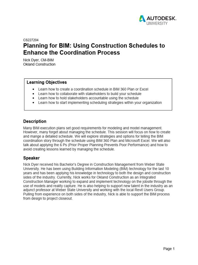 Class Handout CS227204 Planning for BIM Using Construction Schedules to ...