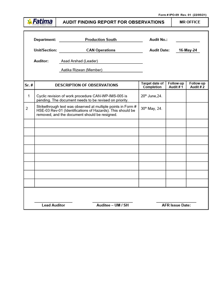 09-Audit Finding Report (Obs) | PDF