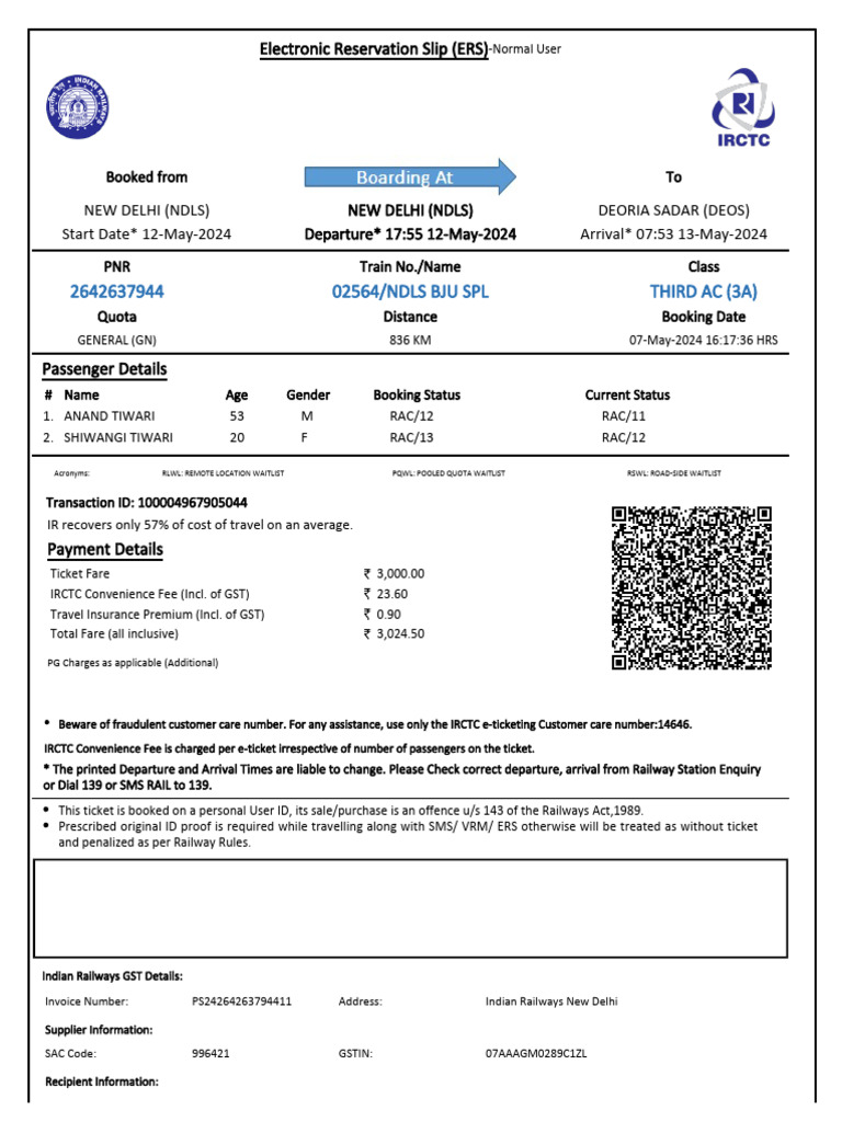 02564/NDLS BJU SPL Third Ac (3A) | PDF | Identity Document