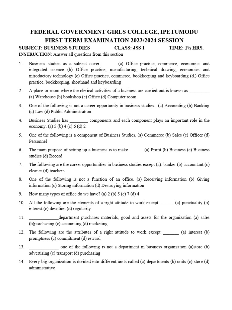 JSS1 1st Term Exam 23-24 | Download Free PDF | Business | Interest