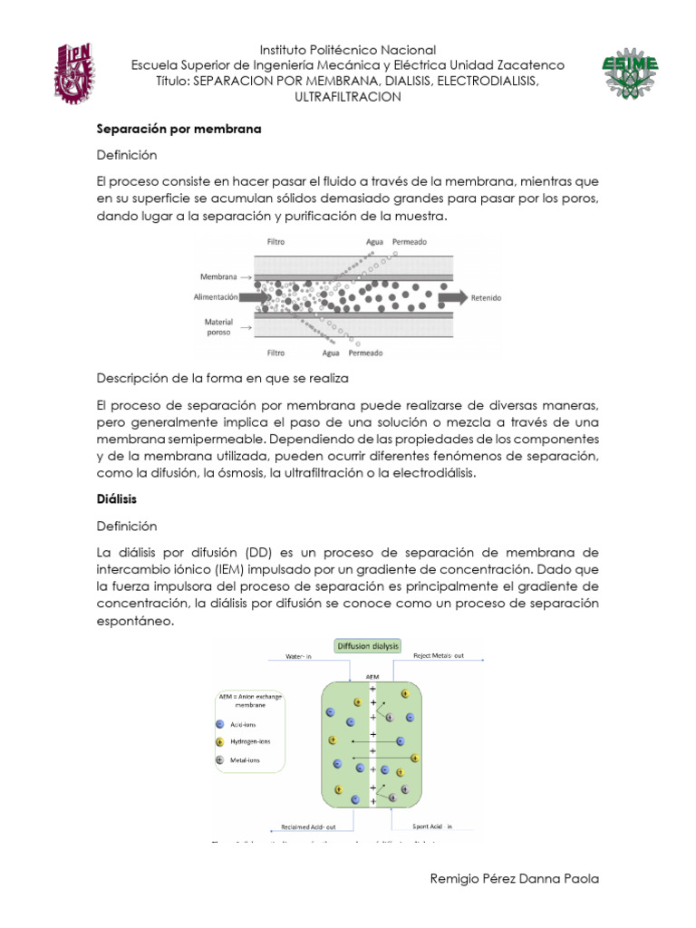 Separacion Por Membrana, Dialisis, Electrodialisis, Ultrafiltracion ...