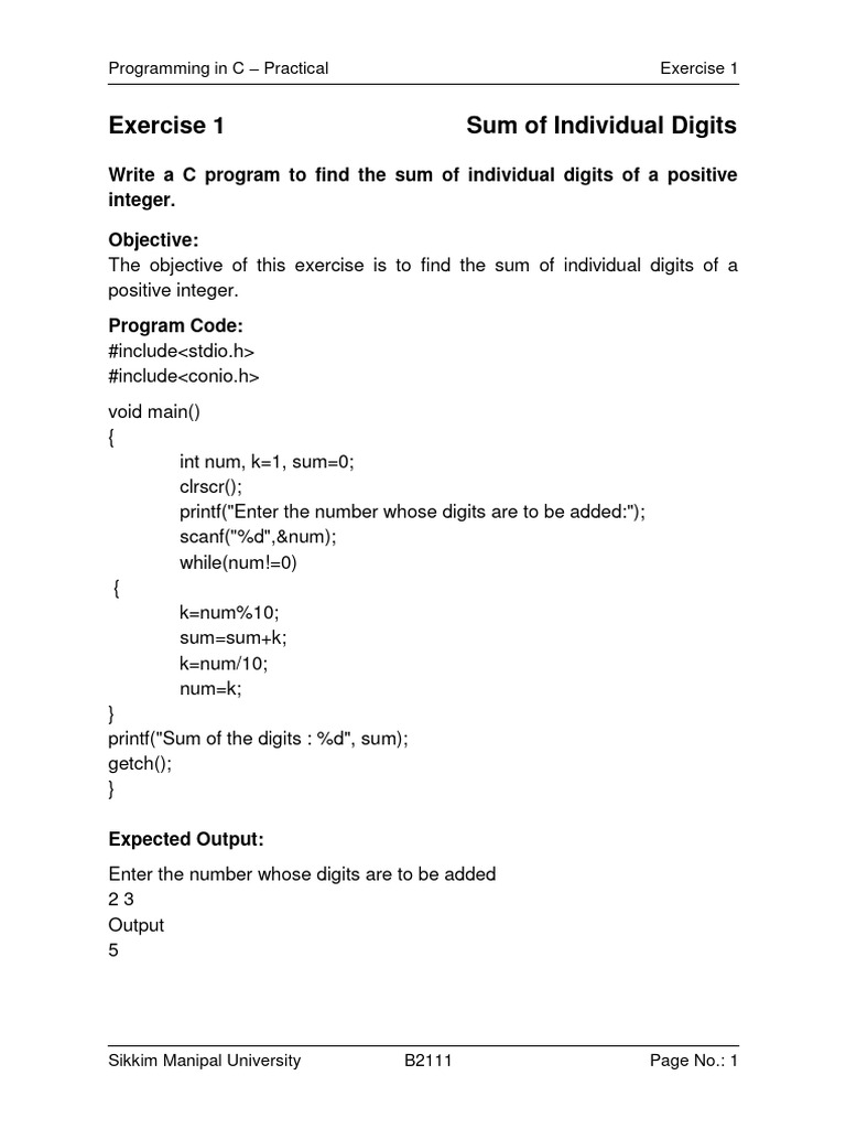 Exercise 1 - Sum of Individual Digits | PDF Exercise 1 - Sum of Individual Digits | PDF