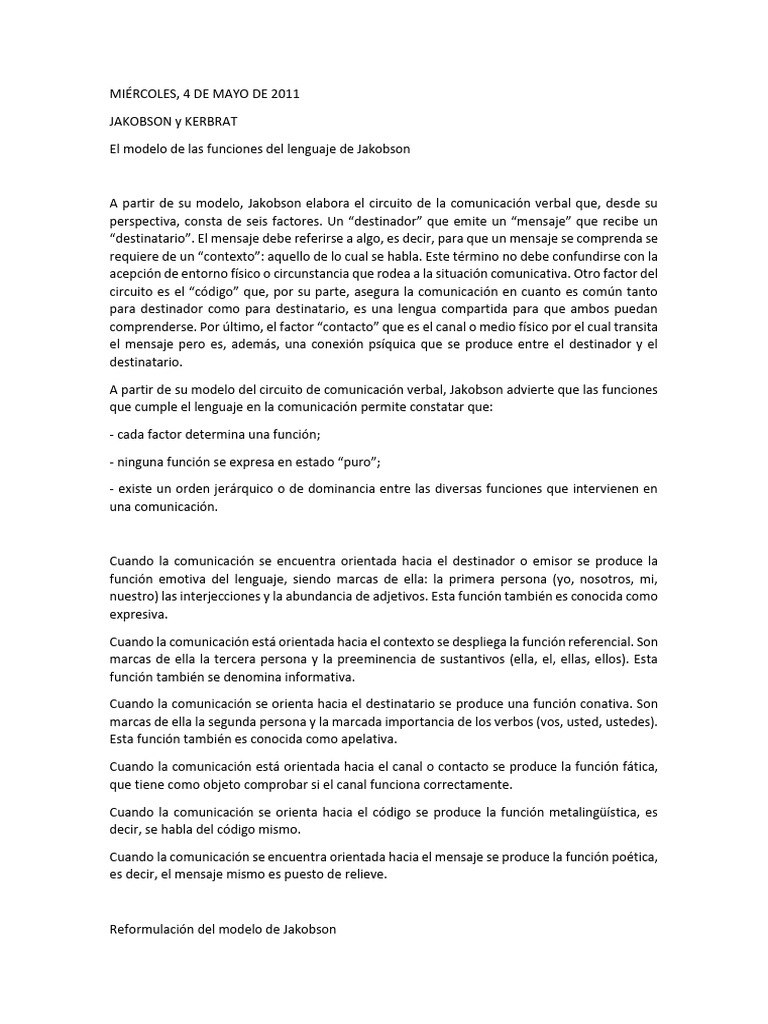 Funciones del lenguaje según Jakobson y Kerbrat | PDF | Comunicación ...