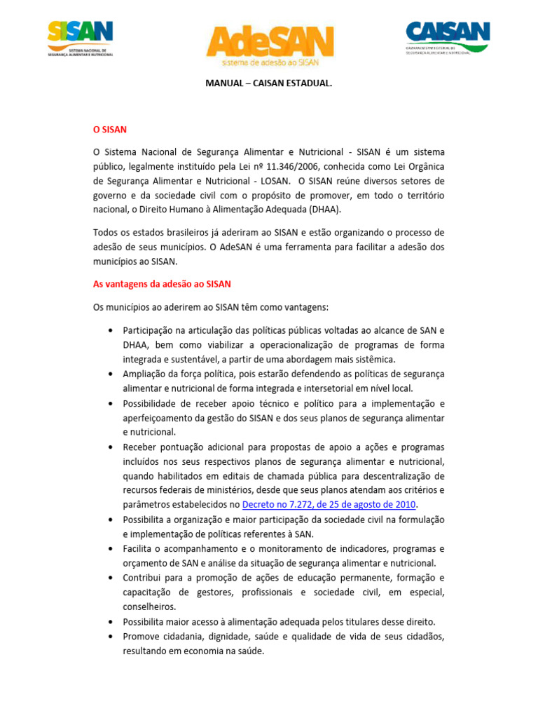 Guia de Adesão ao SISAN e AdeSAN | PDF | Segurança dos alimentos