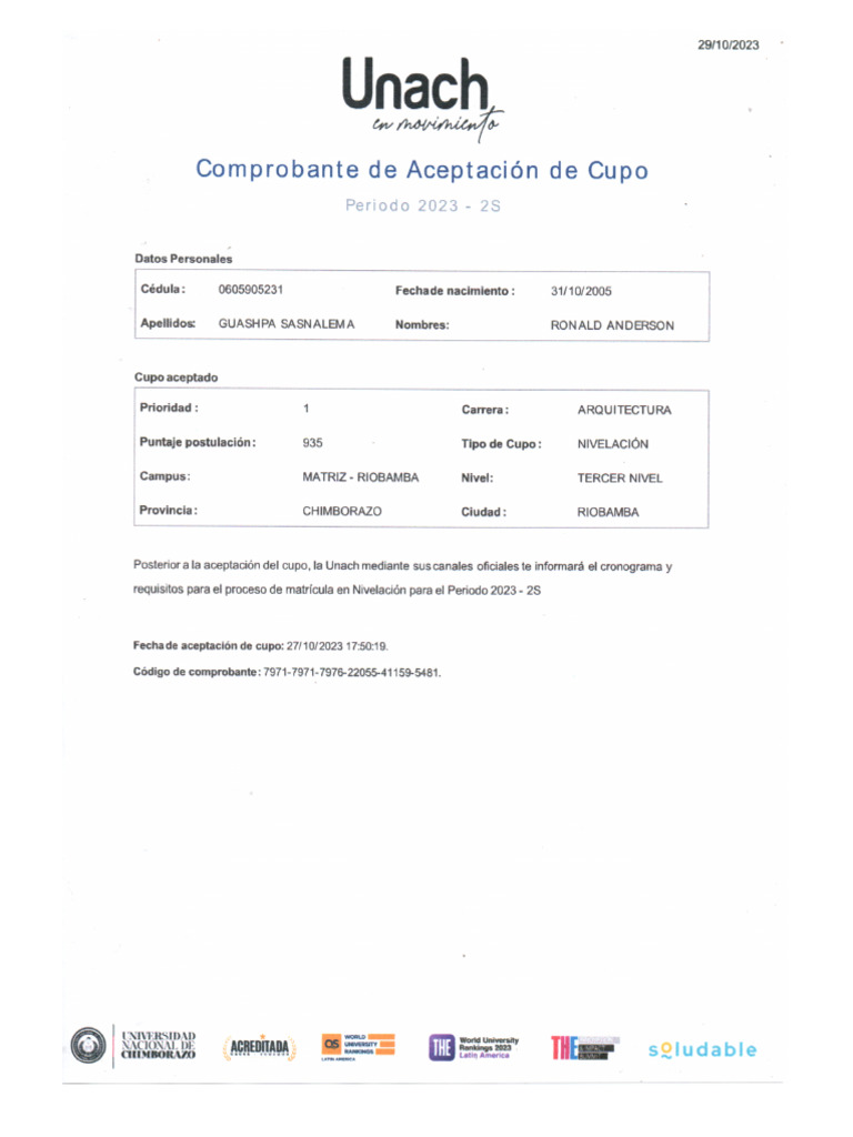 Aceptación de Cupo | PDF