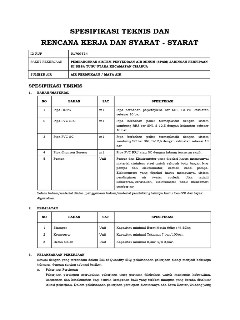 Pembangunan SPAM Tugu Utara Cisarua 02. Spesifikasi Teknis Dan RKS | PDF | Teknologi & Rekayasa