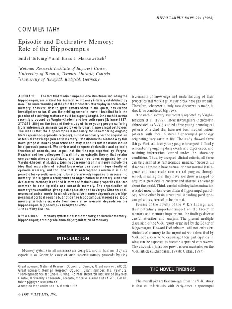 Commentary Episodic and Declarative Memory: Role of The Hippocampus ...