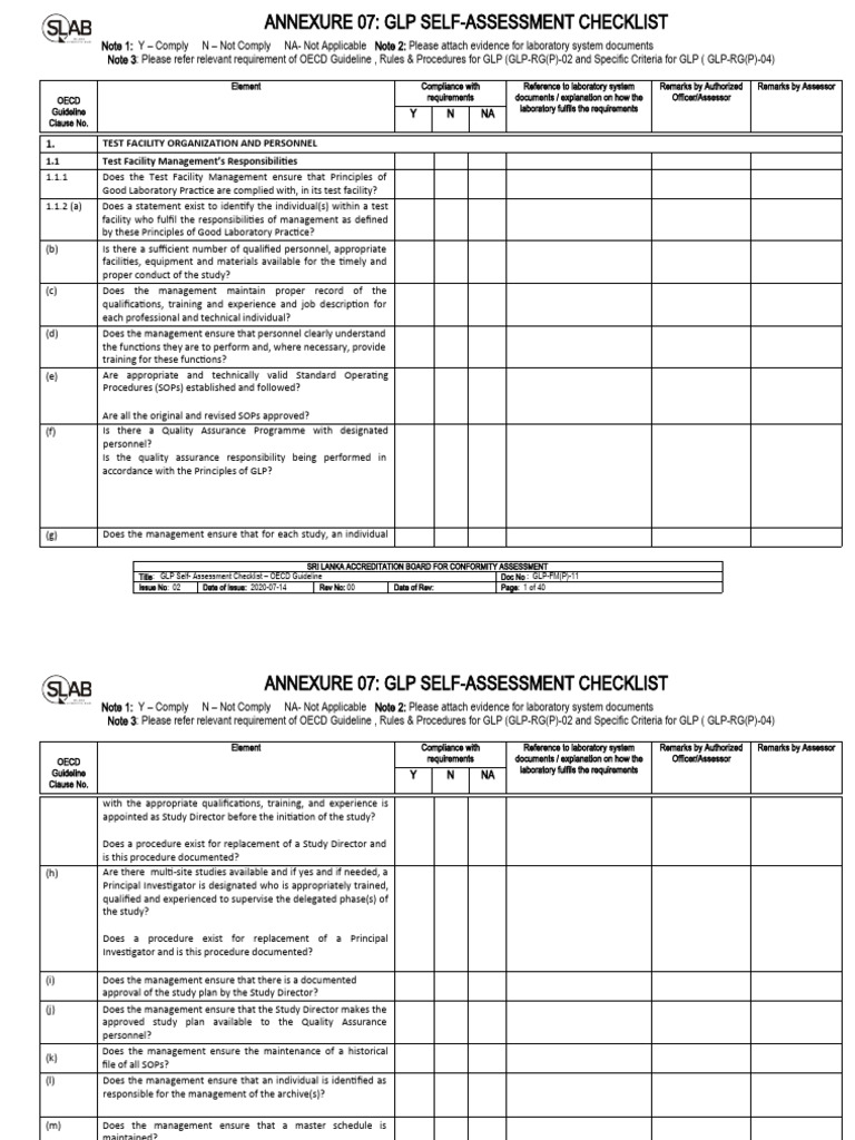 GLP FMP 11 Self Assessment Checklist | PDF