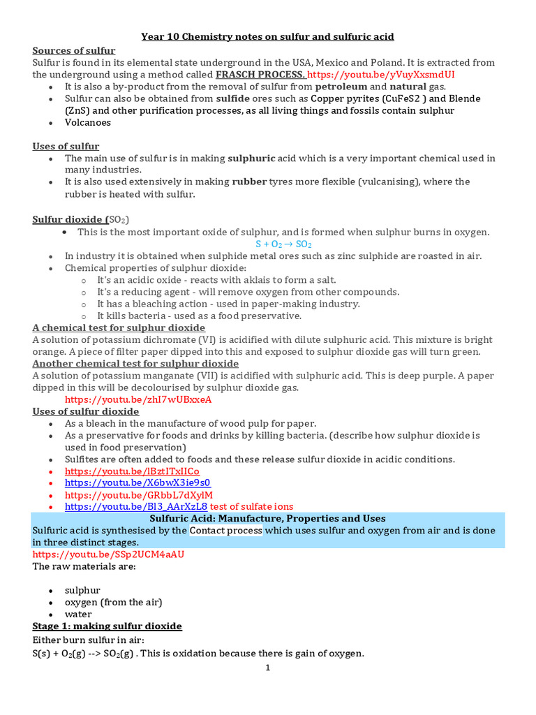 Year 10 Chemistry Notes On Sulfur and Sulfuric Acid | Download Free PDF ...