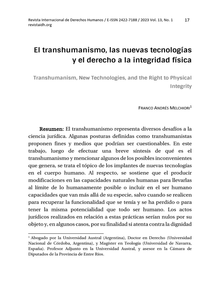 Melchiori, El Transhumanismo, Las Nuevas Tecnologías y El Derecho A La Integridad Física | PDF ...