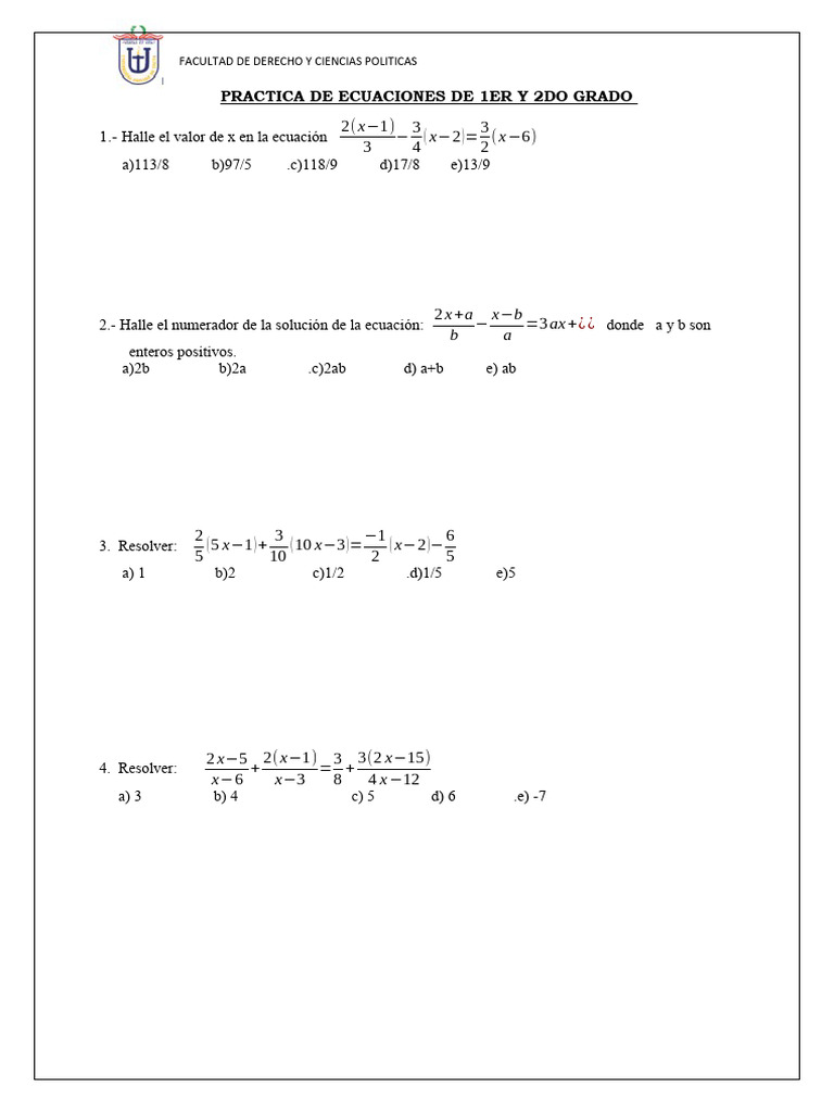 Practica de Ecuaciones de 1er y 2do Grado | PDF | Ecuaciones | Álgebra abstracta