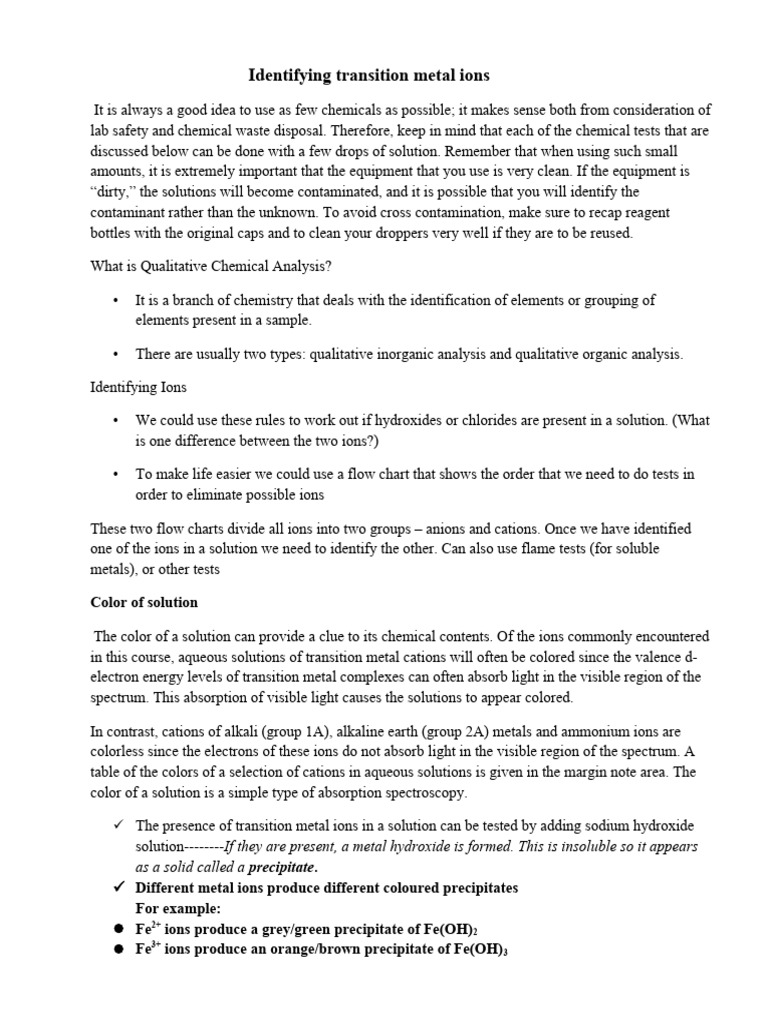 Chemistry Lab: Transition Metal Tests | PDF | Hydroxide | Ion