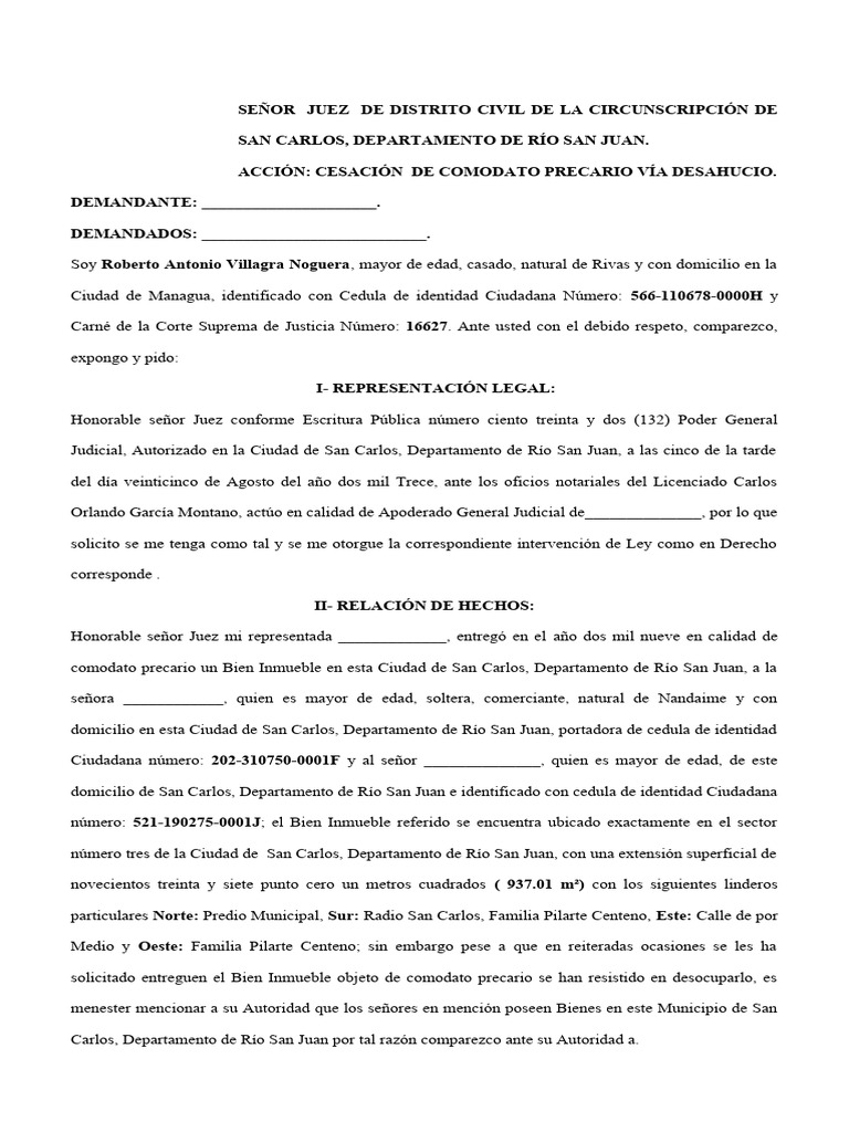 Demanda de Cesacion de Comodato Precario - Belki Robles | PDF | Documento de identidad | Gobierno