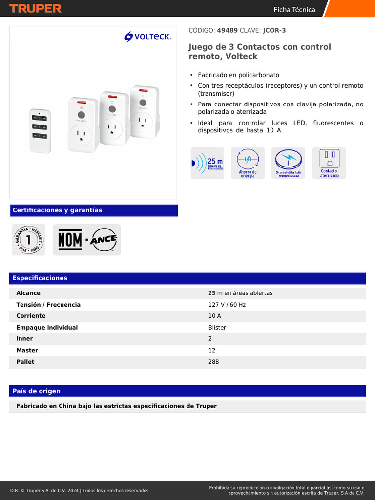 Juego de 3 Contactos Con Control Remoto, Volteck: CÓDIGO: 49489 CLAVE: JCOR-3 | PDF | Ingeniería ...