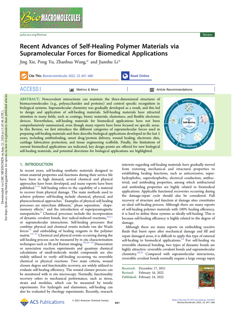 Xie Et Al 2022 Recent Advances of Self Healing Polymer Materials Via ...