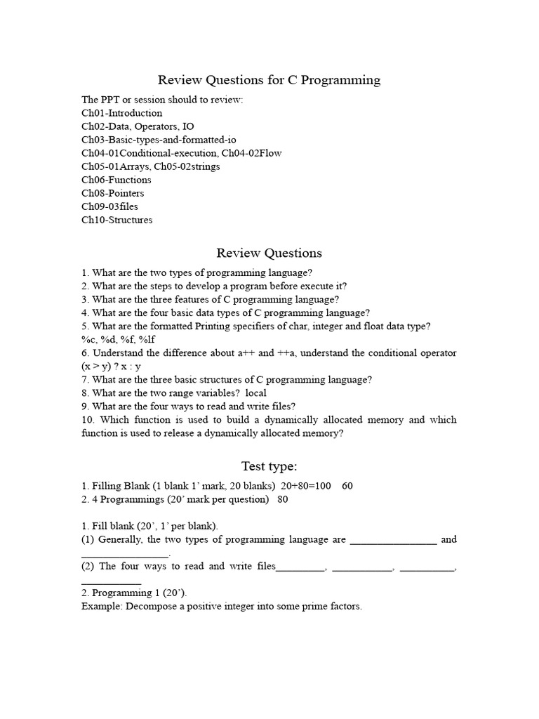 C Programming Review Questions | PDF C Programming Review Questions | PDF