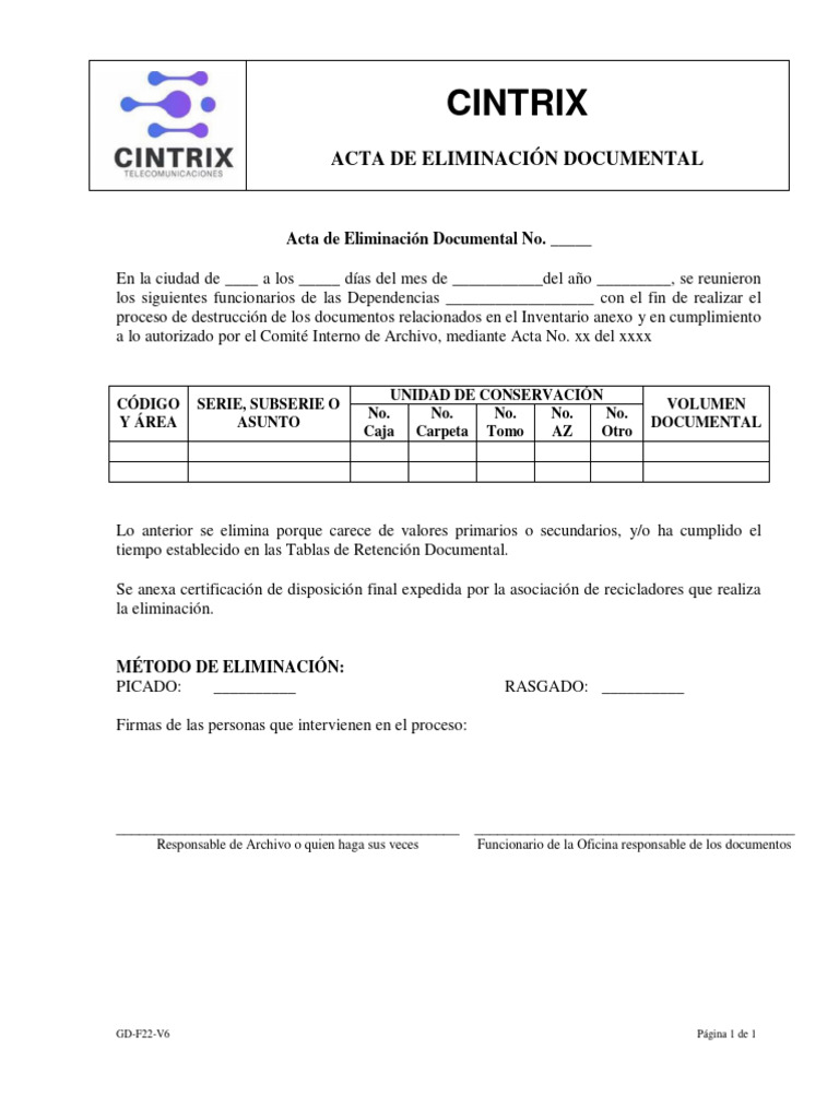 Acta Eliminación de Documentos | PDF