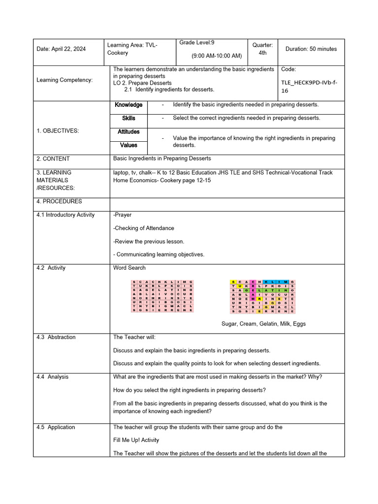 Lesson Plan Cookery 9 | PDF | Desserts | Learning