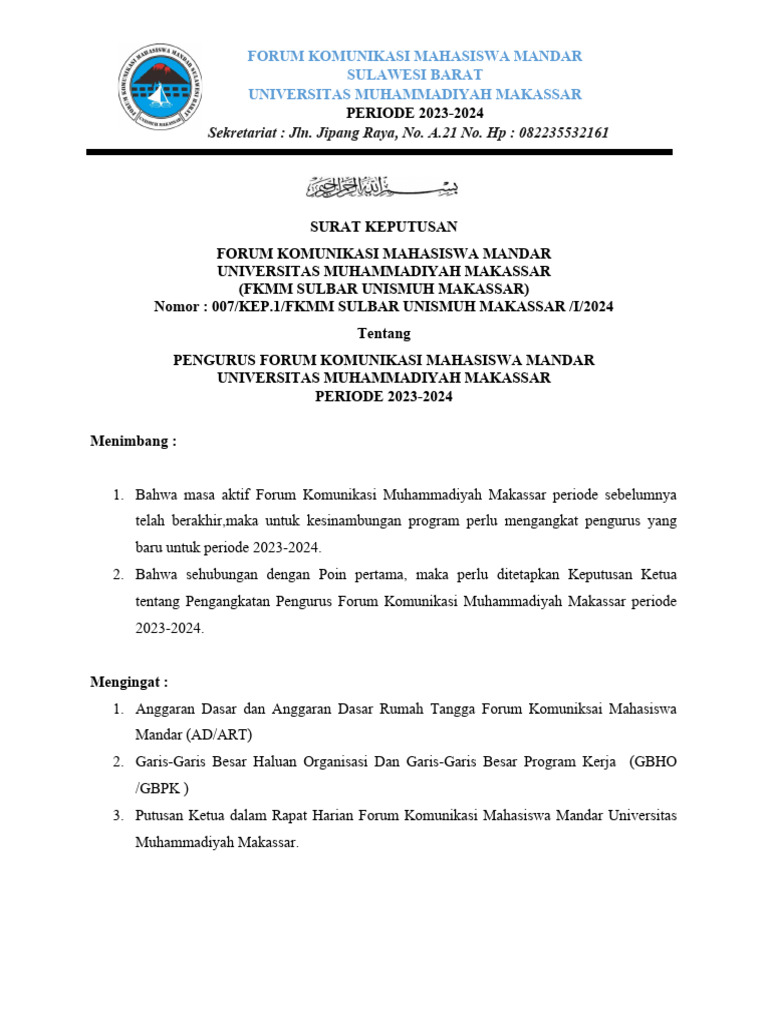 Surat Keputusan Pengurus (SK) | PDF