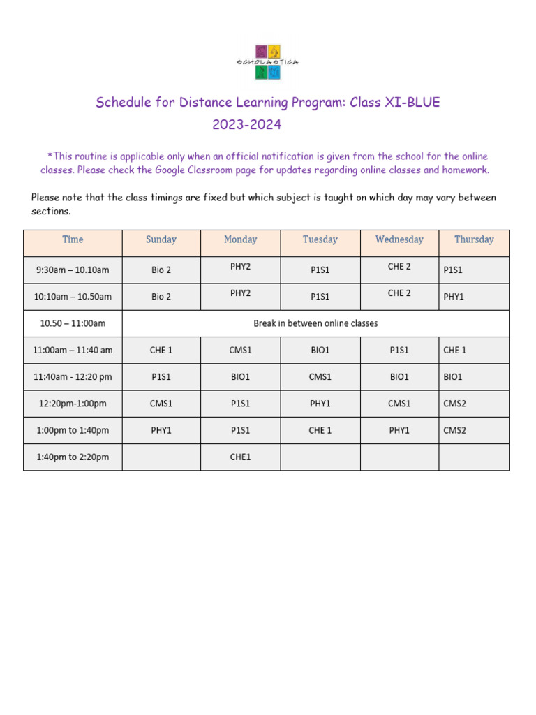 Class XI-BLUE Distance Learning Schedule | PDF