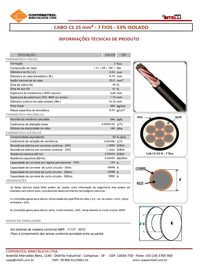 FICHA TÉCNICA - CABOS DE AÇO X COBRE - TELECOM 25 mm2 | PDF | Rede ...