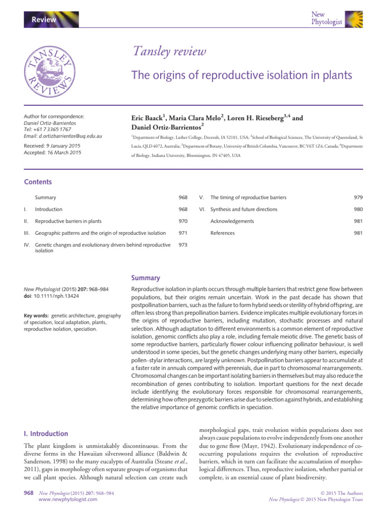 Origins of Plant Reproductive Isolation | PDF | Evolution | Species