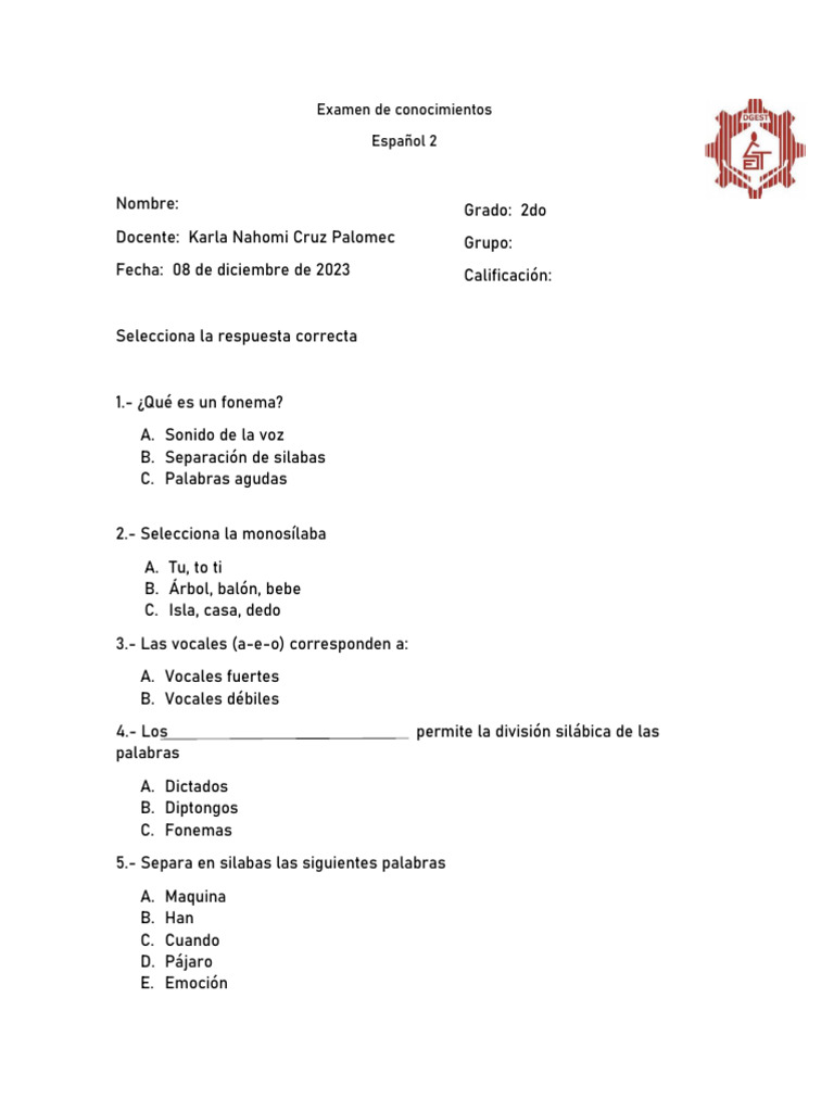 Examen de Español 2: Fonemas y Ortografía | PDF