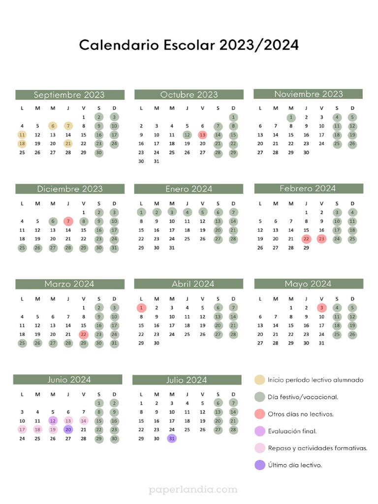 Calendario 2023 2024 Vertical Escolar Verde | PDF